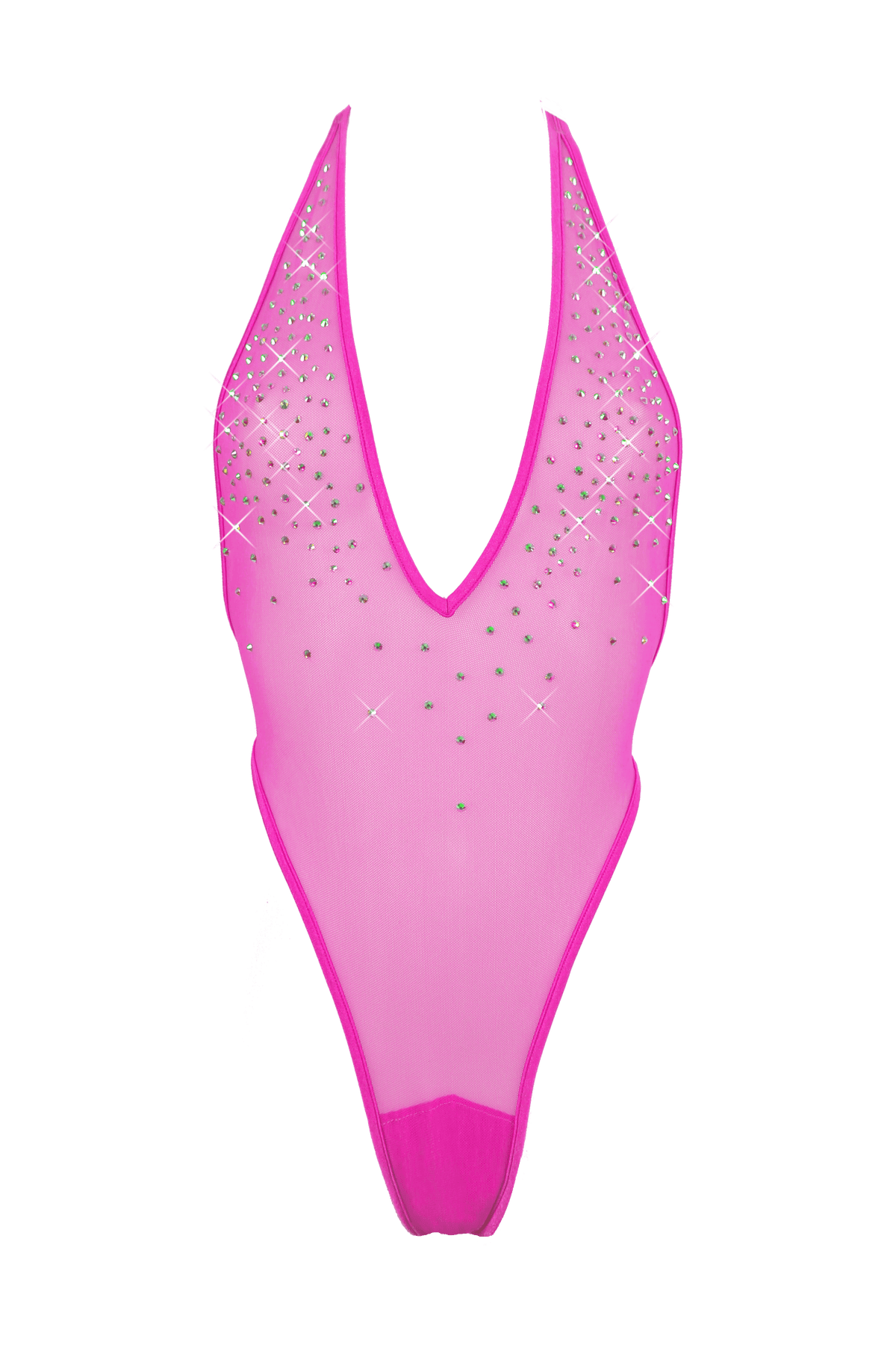 High Cut Bodysuit SKINNY CRYSTAL / Sexy Lingerie Sheer Mesh/ NEON PINK ...